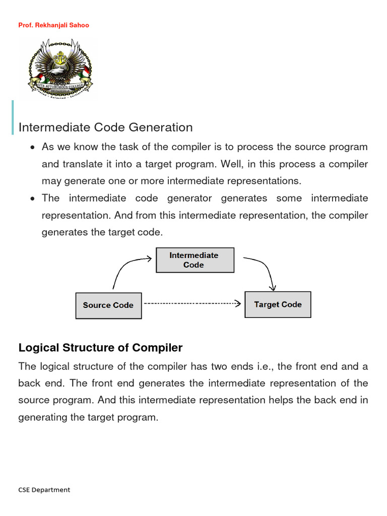 Intermediate Code Generation: Logical Structure of Compiler | PDF | Parsing | Assembly Language