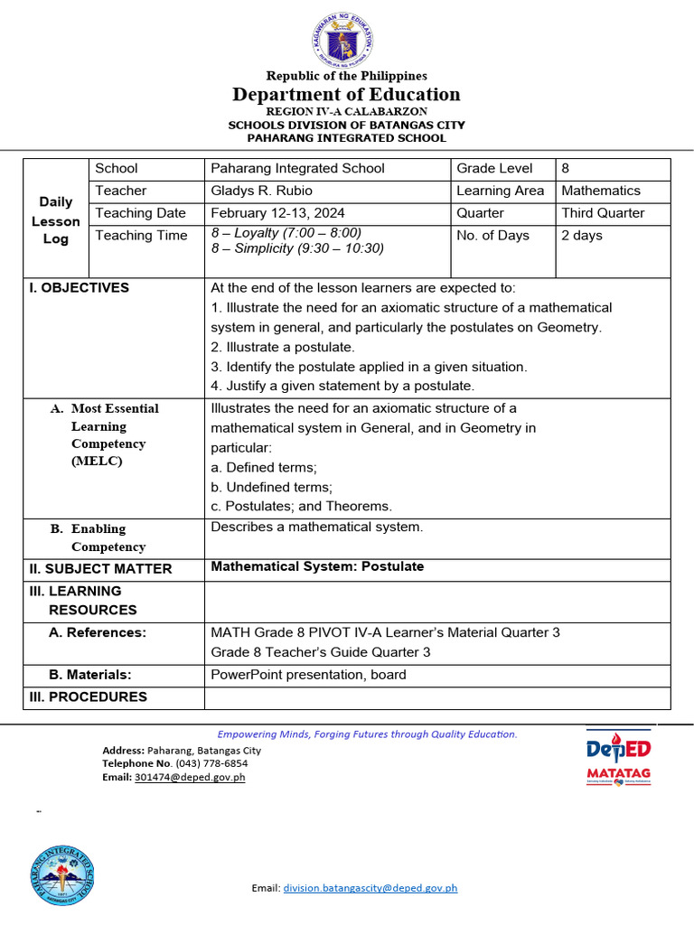 Lesson Plan in Math 8 Quarter 4 | PDF | Axiom | Mathematics