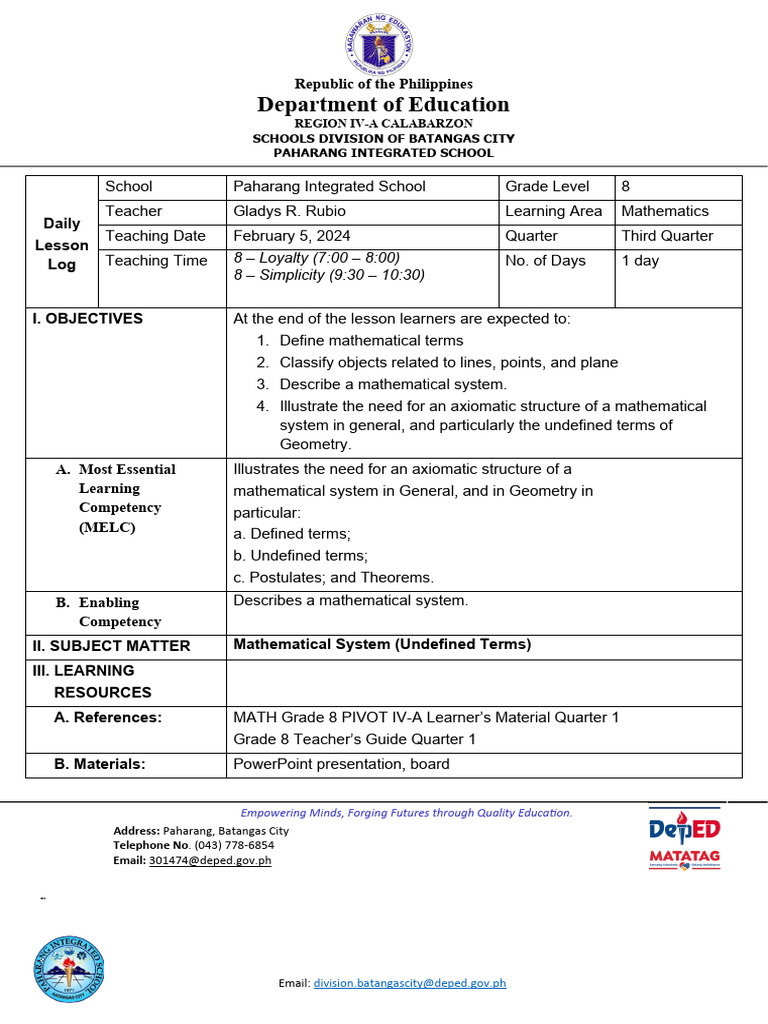 Grade 8 Math Lesson Plan: Geometry | PDF | Mathematics | Axiom