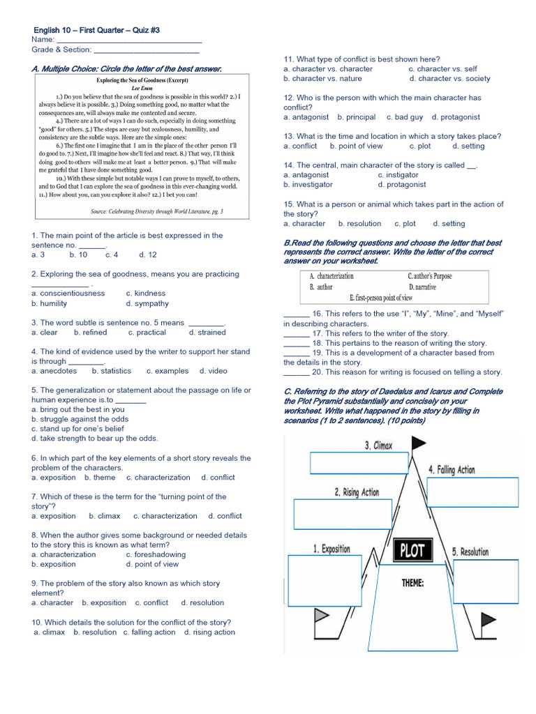 Quarter 1 Quiz #3 Plot-Setting-Characterization | PDF
