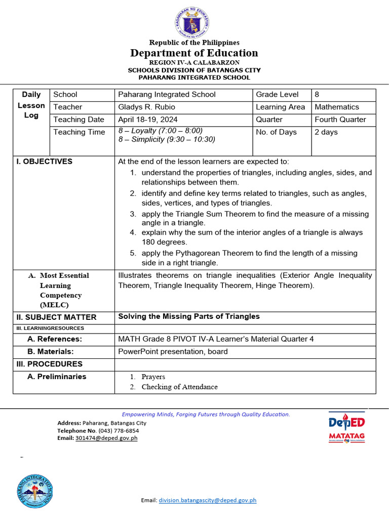 Lesson Plan in Math 8 Quarter 4 | PDF | Triangle | Mathematics
