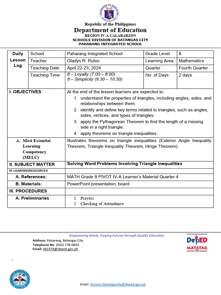 Lesson Plan in Math 8 Quarter 4 | PDF | Triangle | Mathematics