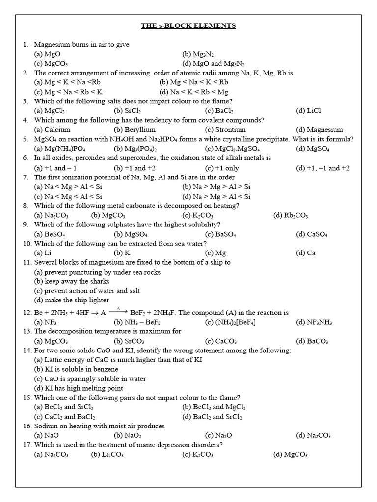The S Block Elements Pdf Magnesium Sodium Carbonate