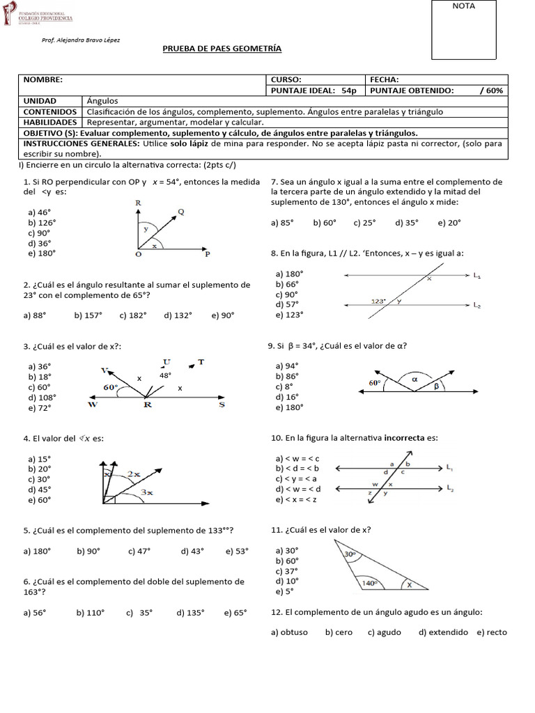 Prueba N°1 Ángulos Entre Paralelas y Triángulo | PDF | Triángulo | Ángulo