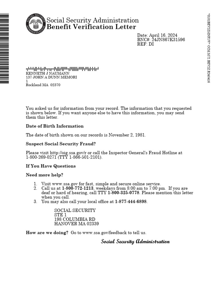 Social Security Benefit Verification Letter | PDF