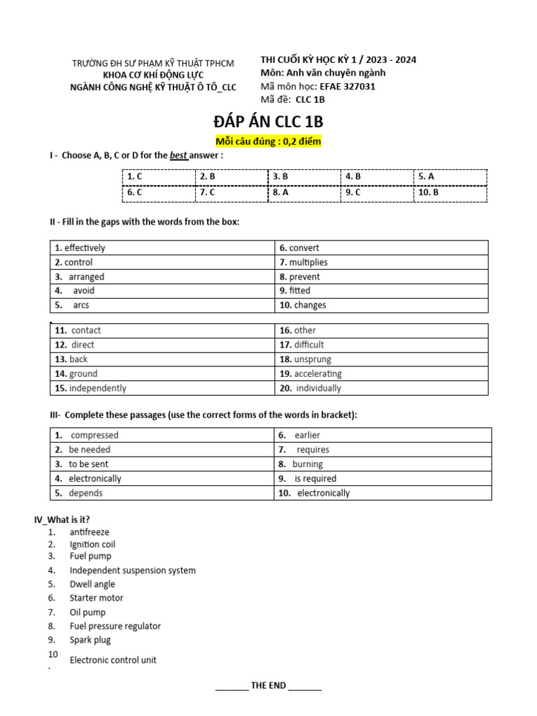 Dap An - EFAE CLC 1B - HK1 23 24 | PDF
