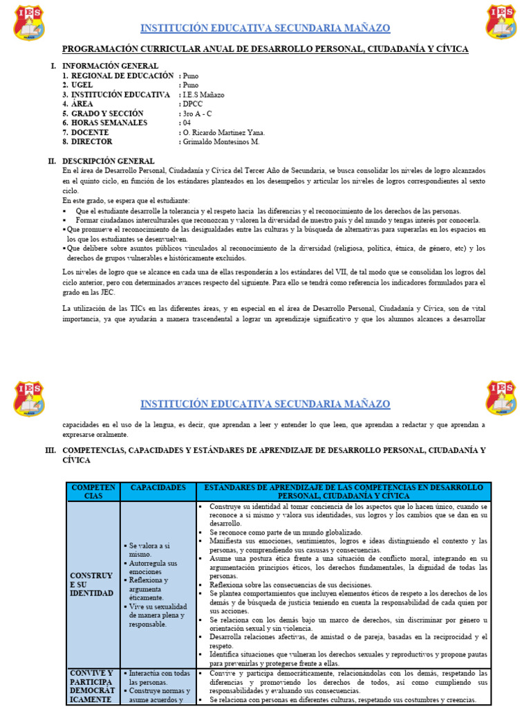 Programación Curricular Anual DPCC | PDF | Evaluación | Enseñando