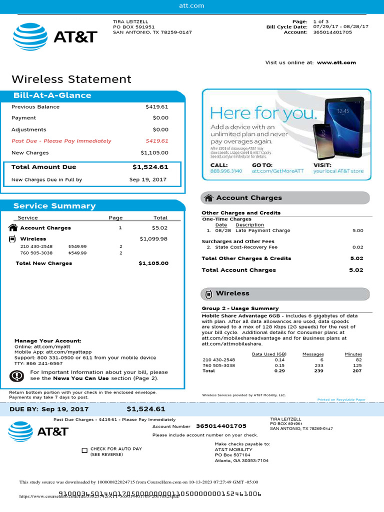 AT&T Wireless Bill Summary and Charges | PDF | Fee | Payments