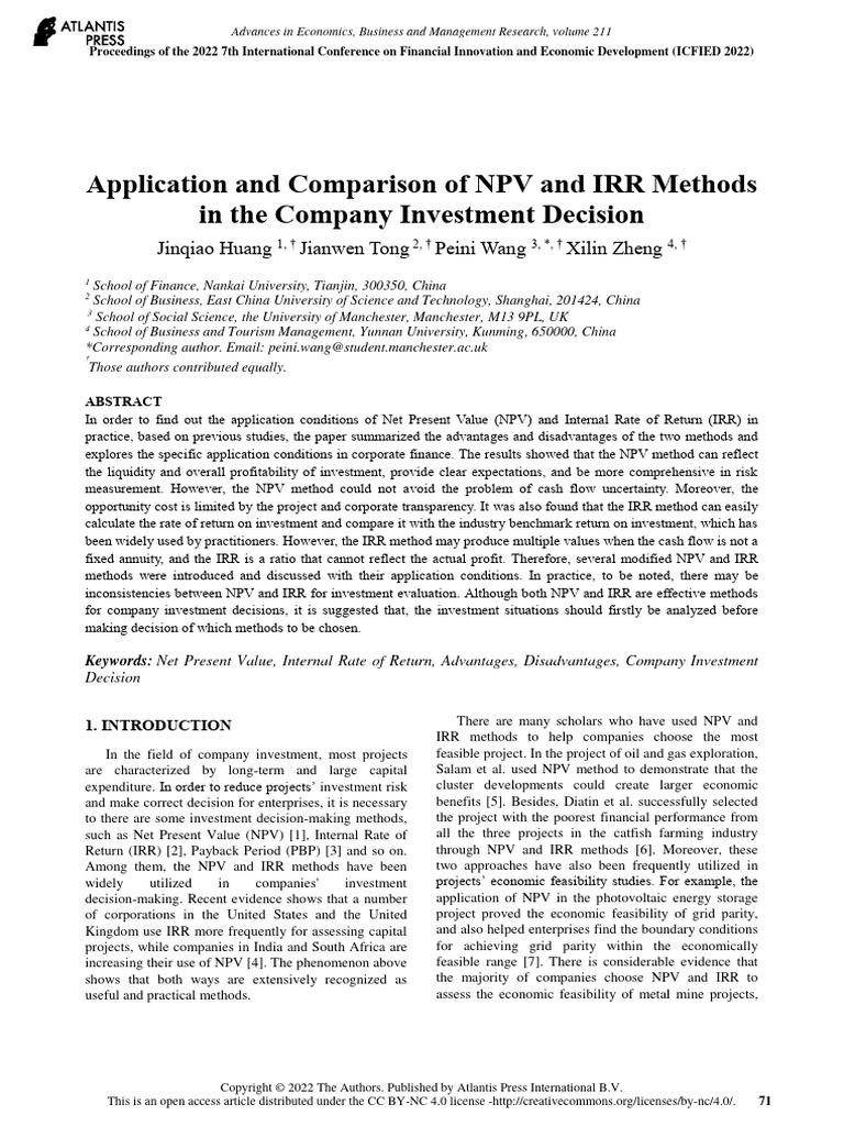 Application and Comparison of NPV and IRR Methods in The Company Investment Decision | PDF ...