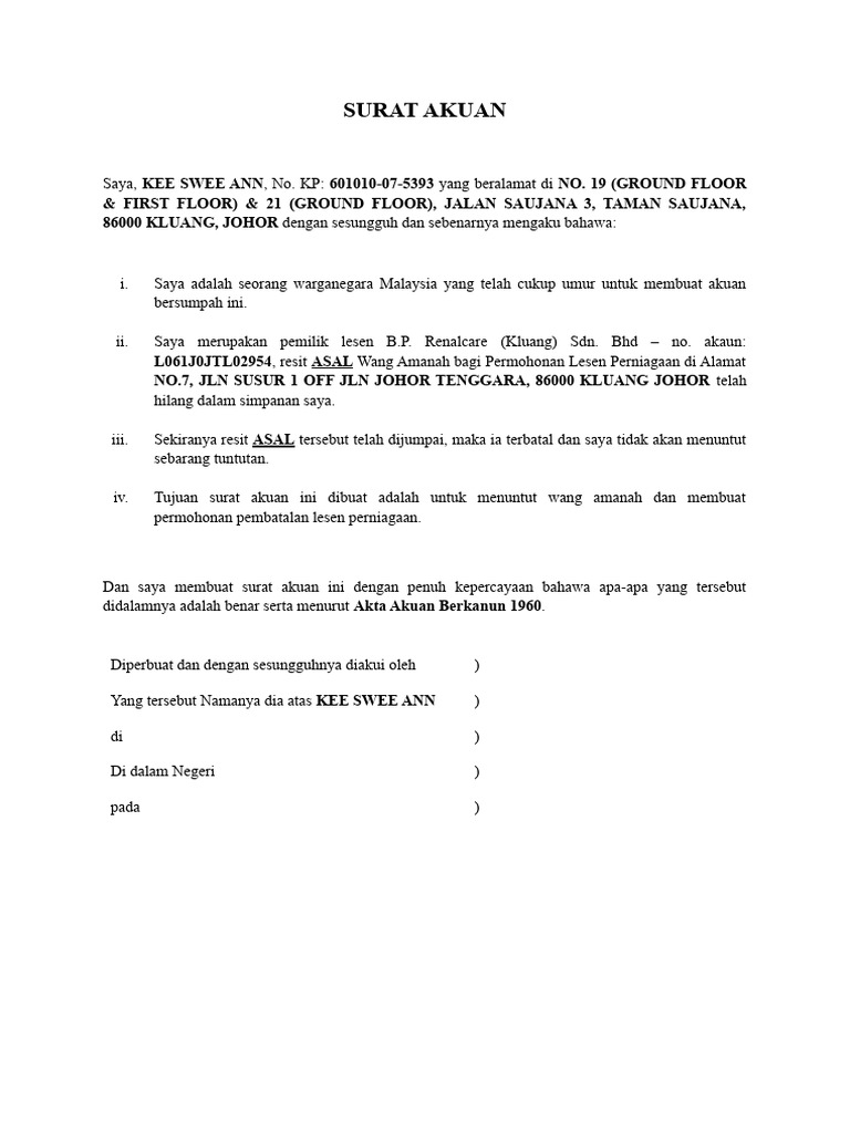 Surat Akuan - Pesuruhjaya Sumpah Kluang | PDF