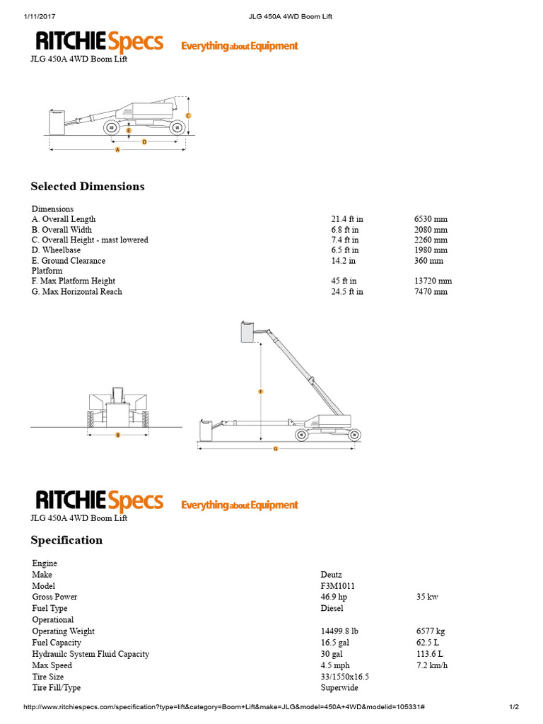 JLG 450A Boom Lift Specifications | PDF | Length | Vehicle Technology
