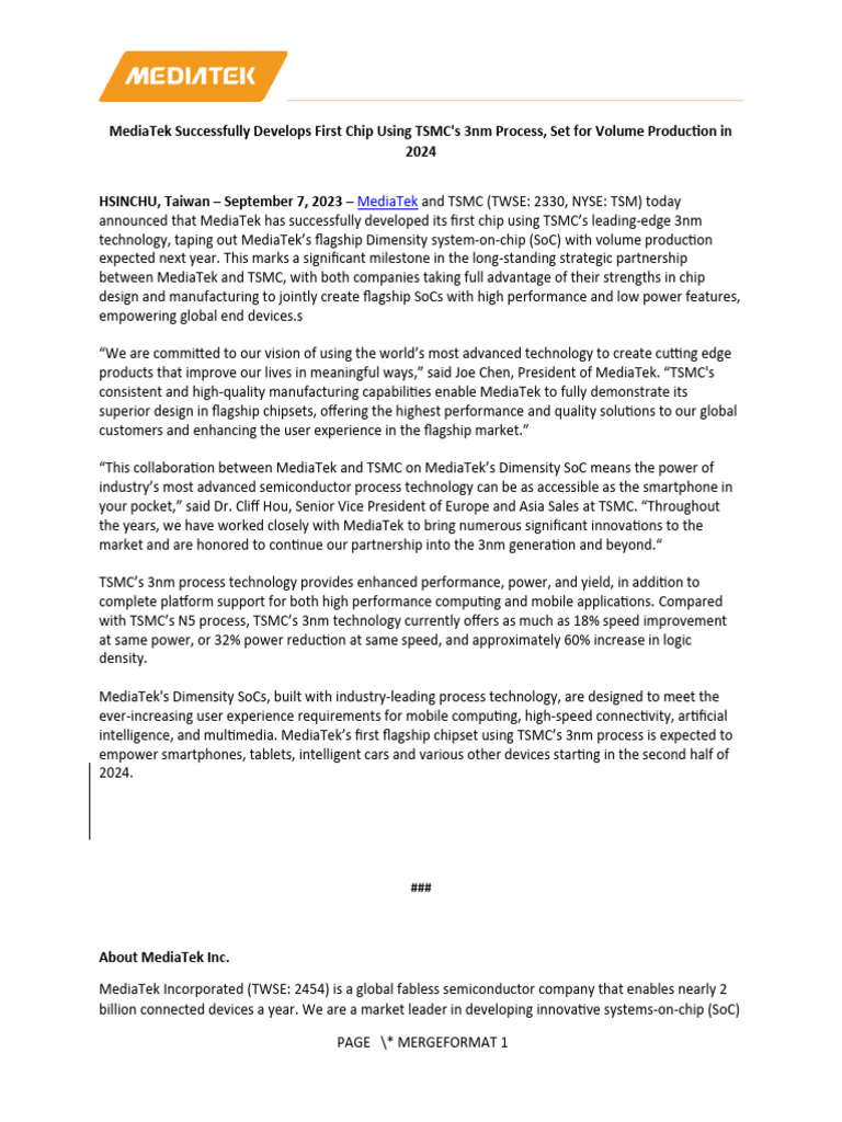 MediaTek TSMC 3nm Release FINAL | PDF | System On A Chip | Computing