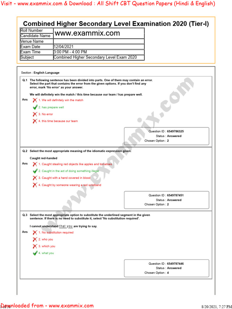 SSC CHSL Question Paper 12 April 2021 3rd Shift in Hindi | PDF ...