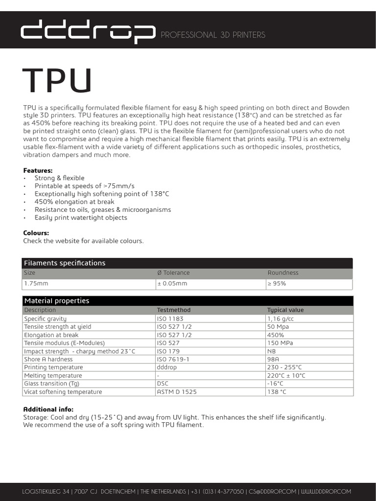 TPU Filament Technical Data Sheet | Download Free PDF | Materials | Building Engineering