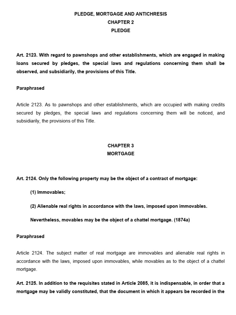Pledge, Mortgage, and Antichresis Overview | PDF | Mortgage Law | Mortgages