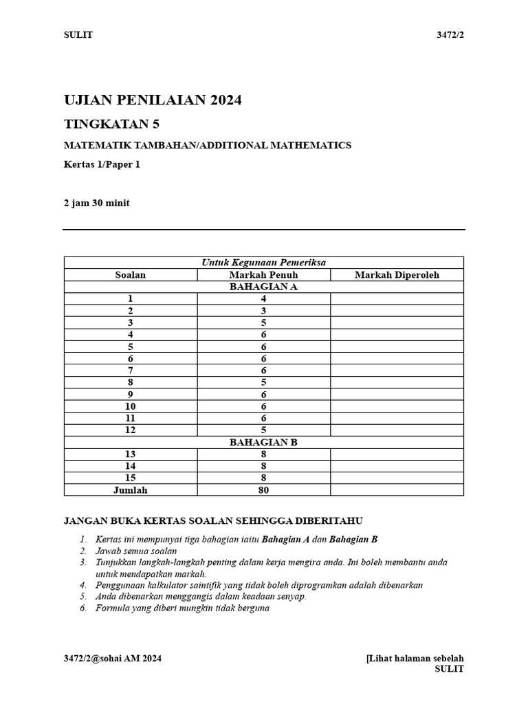 UJIAN PENILAIAN Sohai 2024 P1 (BM) | PDF