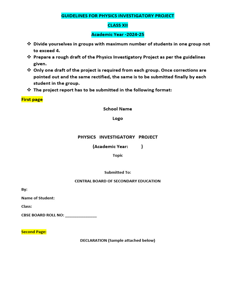 Guidelines for Physics Investigatory project (XII) 2024-25 | PDF | Physics | Refractive Index