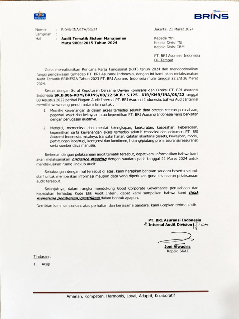 Surat Pemberitahuan ISO 9001 | PDF