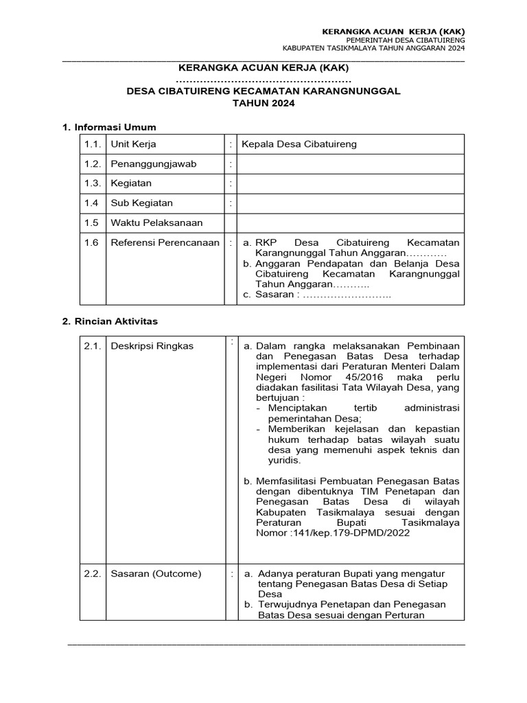 Contoh Kak | PDF | Pengelolaan Keuangan & Uang
