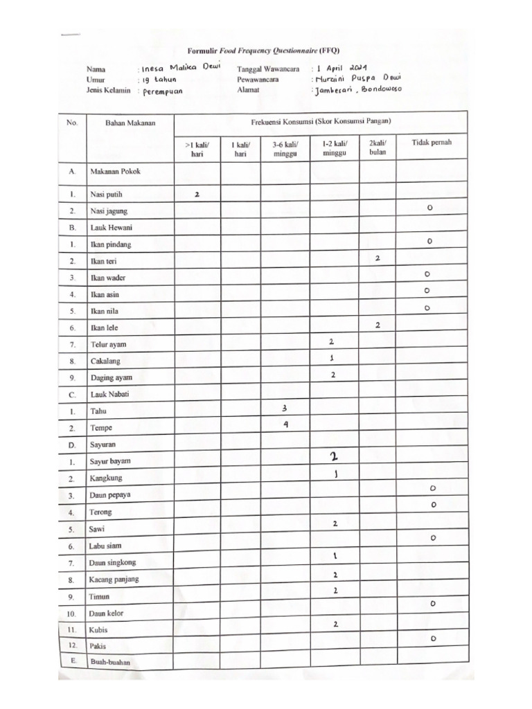 Formulir Food Frequency Questionnaire (FFQ) | PDF