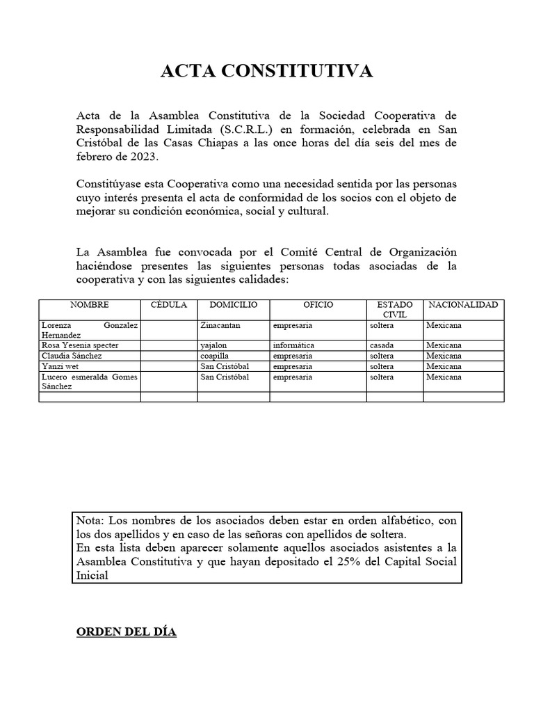 Machote de Acta Constitutiva | PDF | Cooperativa | México
