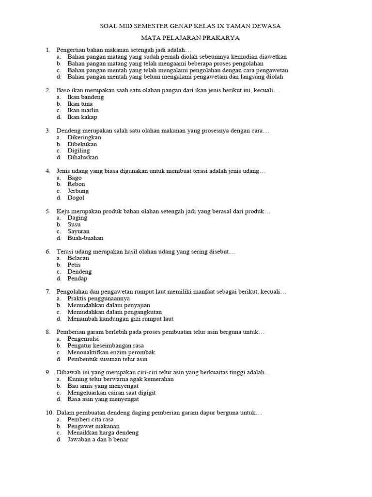 Soal Prakarya Mid Semester Genap Kelas Ix | PDF | Kesehatan Holistik