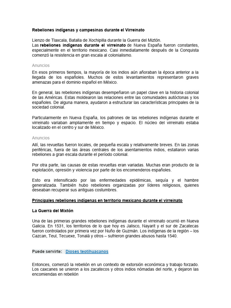 Rebeliones Indígenas y Campesinas Durante El Virreinato (Link) | PDF ...