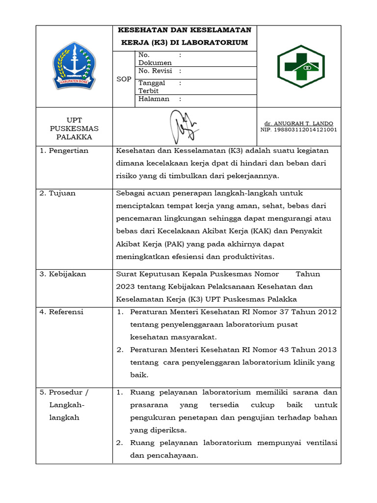 SOP Kesehatan dan Keselamatan Kerja K3 Laboratorium | PDF | Kesehatan ...