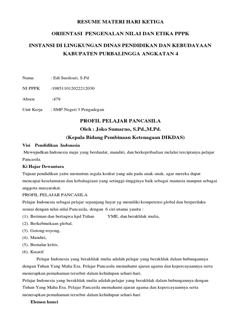 RESUME HARI KE-3 - P3K4 - EDI SUSILOATI, S. Pd. - SMP N 3 PENGADEGAN | PDF | Karier & Perkembangan