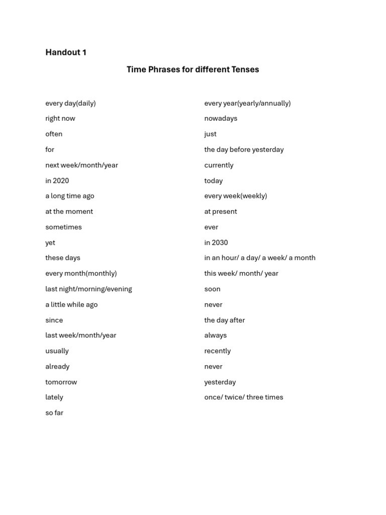 Time Phrases and Conditionals Guide | PDF | Grammatical Tense ...