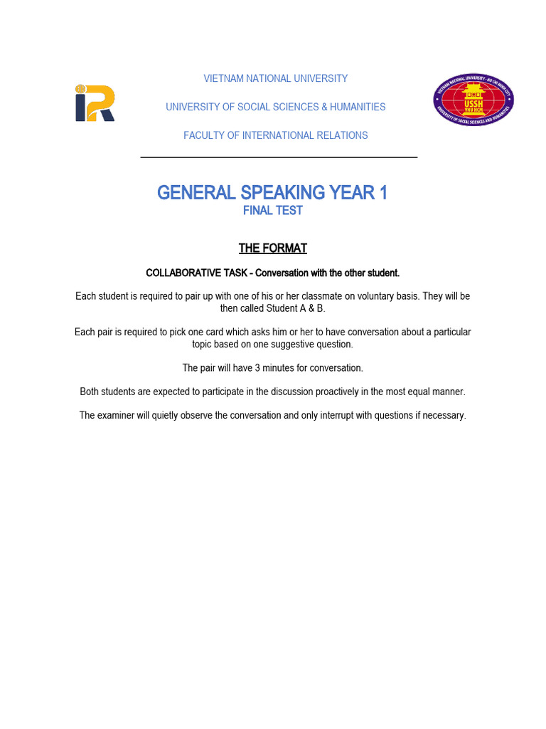 Year 1 Speaking Test Guidelines | PDF | Vocabulary | Conversation
