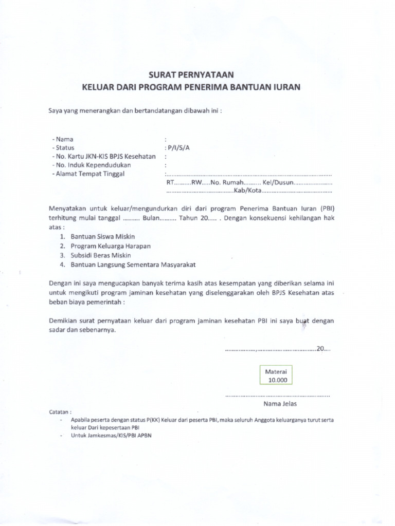 Surat Penyataan Keluar Program Penerima Bantuan Iuran BPJS | PDF