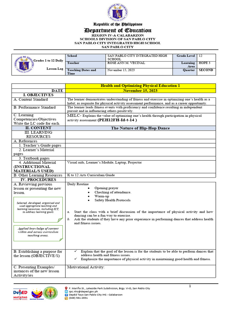 Melc-: Health and Optimizing Physical Education 1 Date November 15 ...