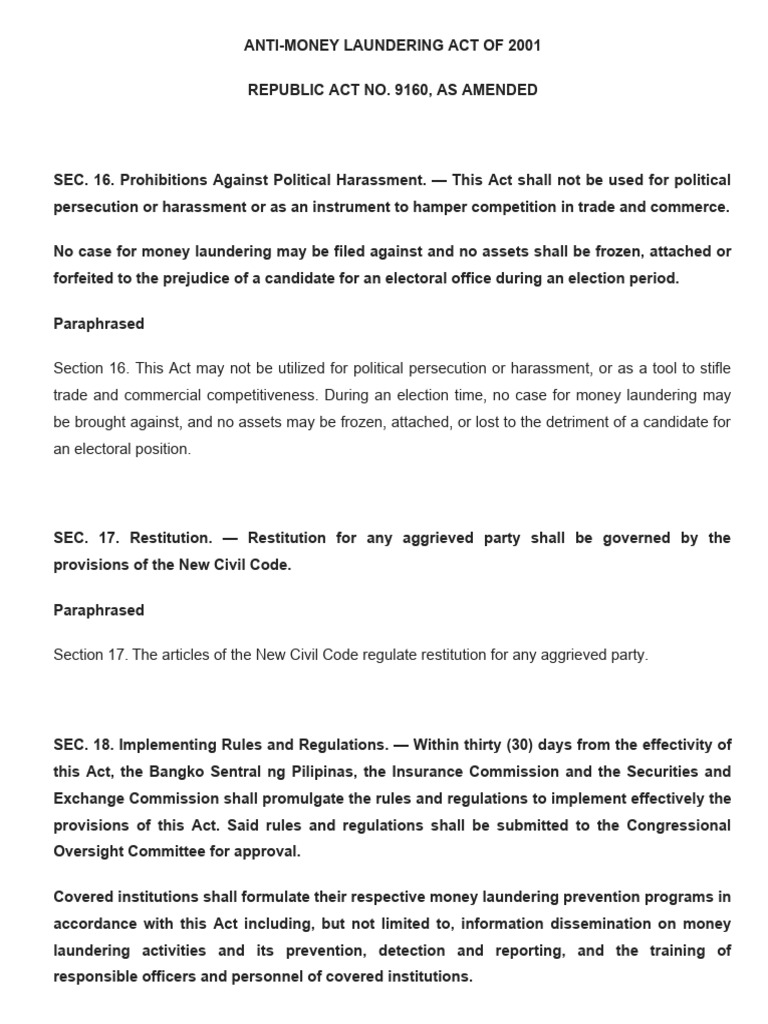 Anti Money Laundering Paraphrase Sec 16 25 PDF United States