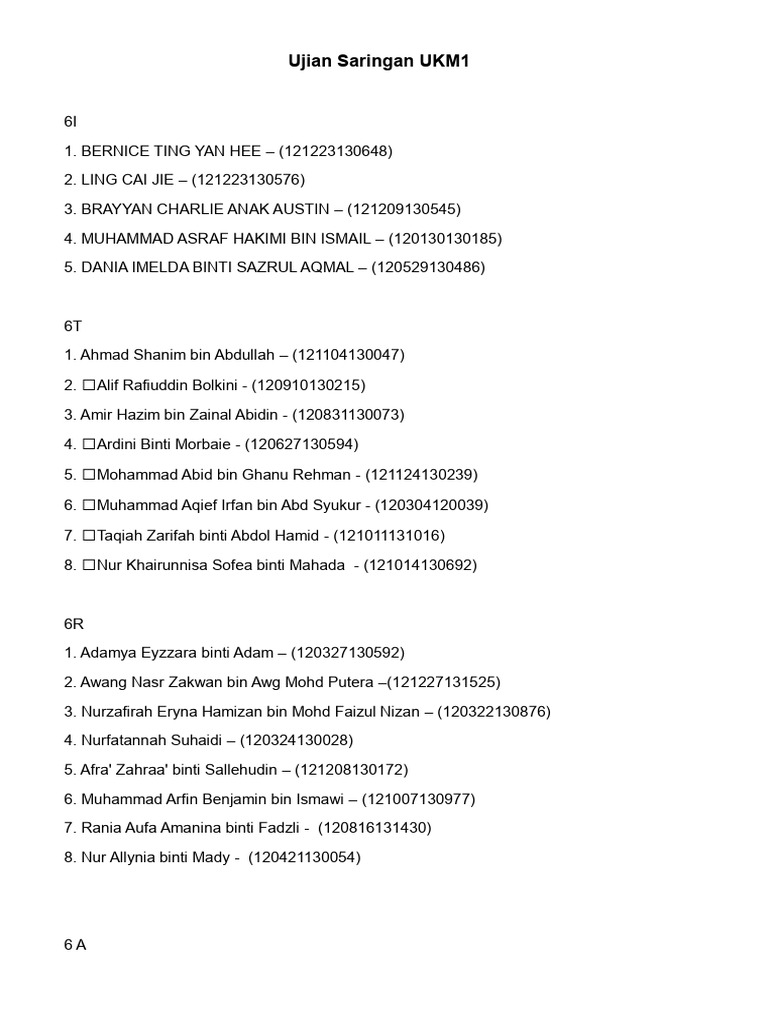 Ujian Saringan UKM1 YEAR 6 | PDF