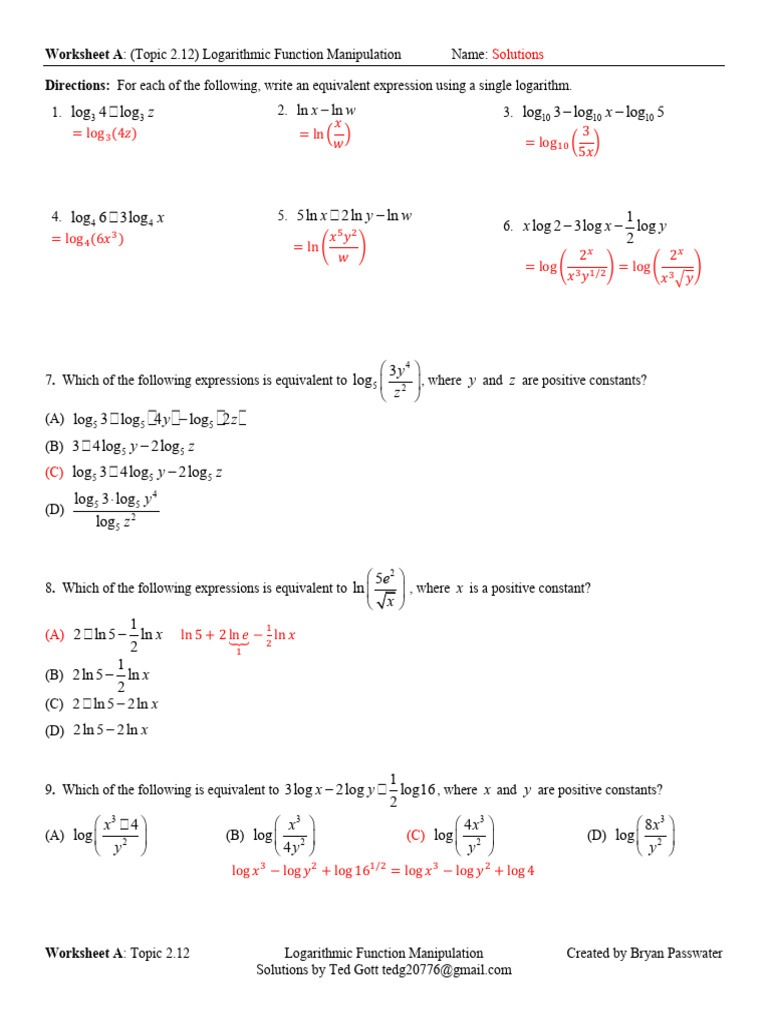 Logarithmic Function Manipulation Worksheet | PDF | Logarithm | Special ...