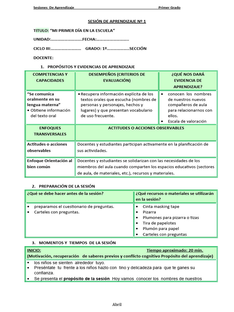 Sesion Primer Grado | PDF | Evaluación | Aprendizaje