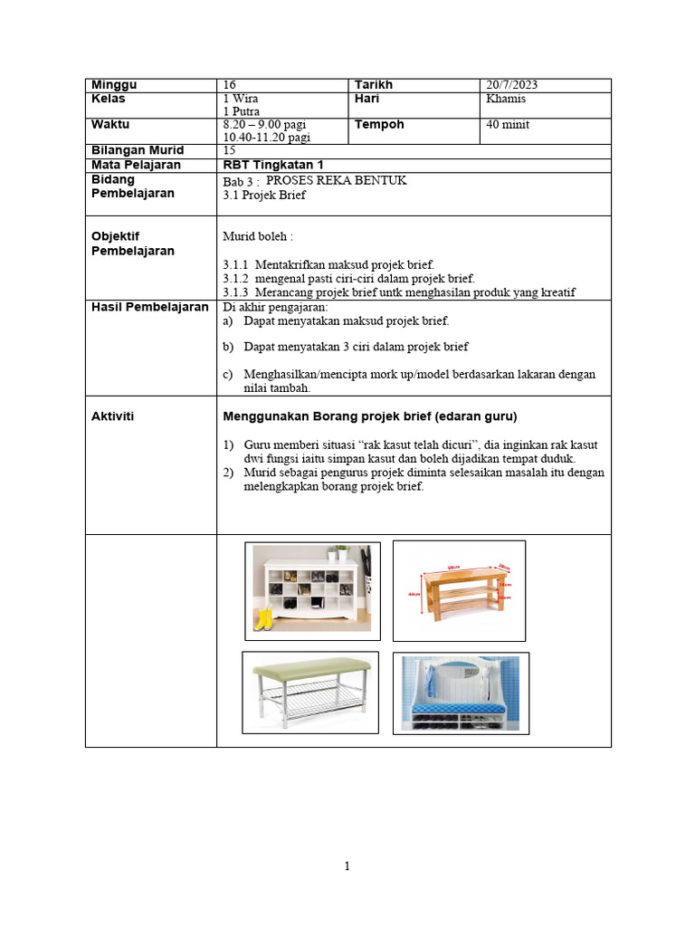 RPH ts25 RBT Ting 1 3.1 Proses Reka Bentuk (Projek Brief) | PDF