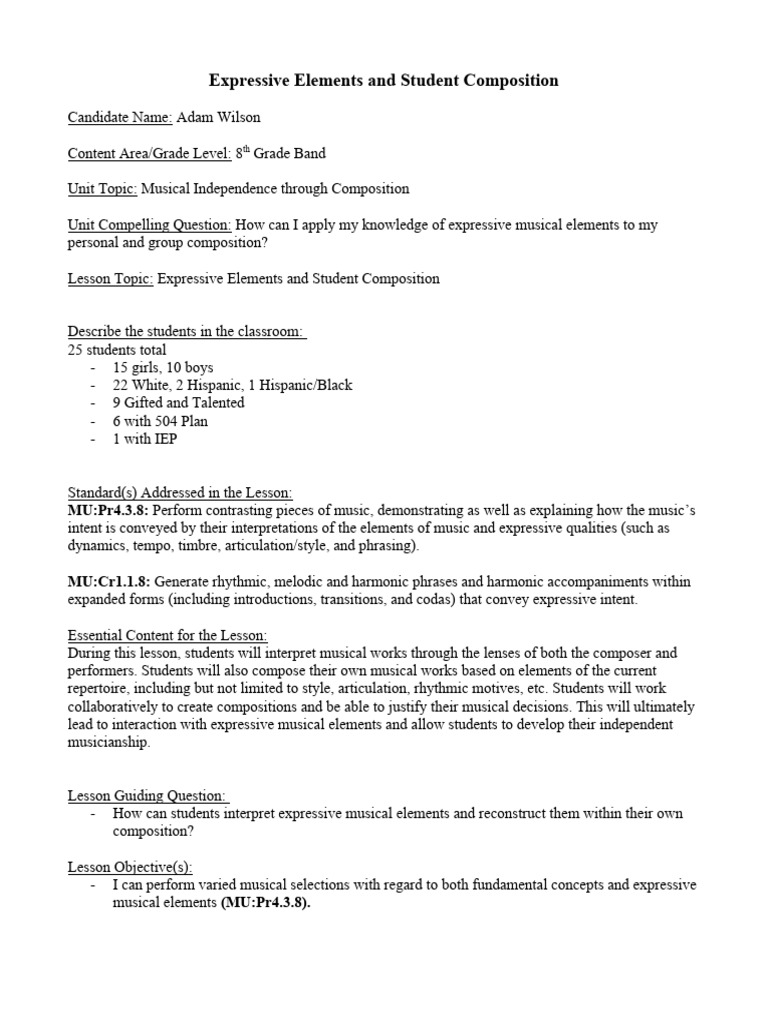 Expressive Elements and Student Composition Lesson - 1 | PDF | Musical ...