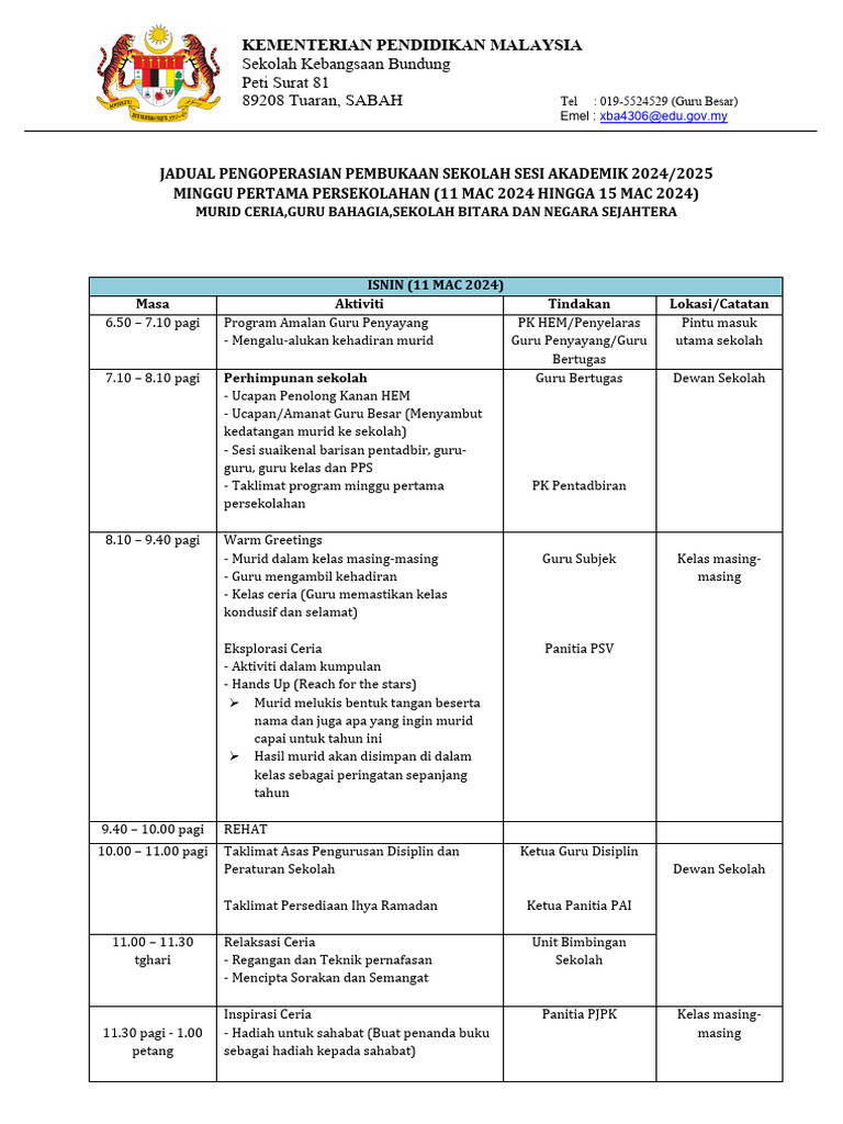 Jadual Aktiviti Minggu Pertama Persekolahan 2024 | PDF