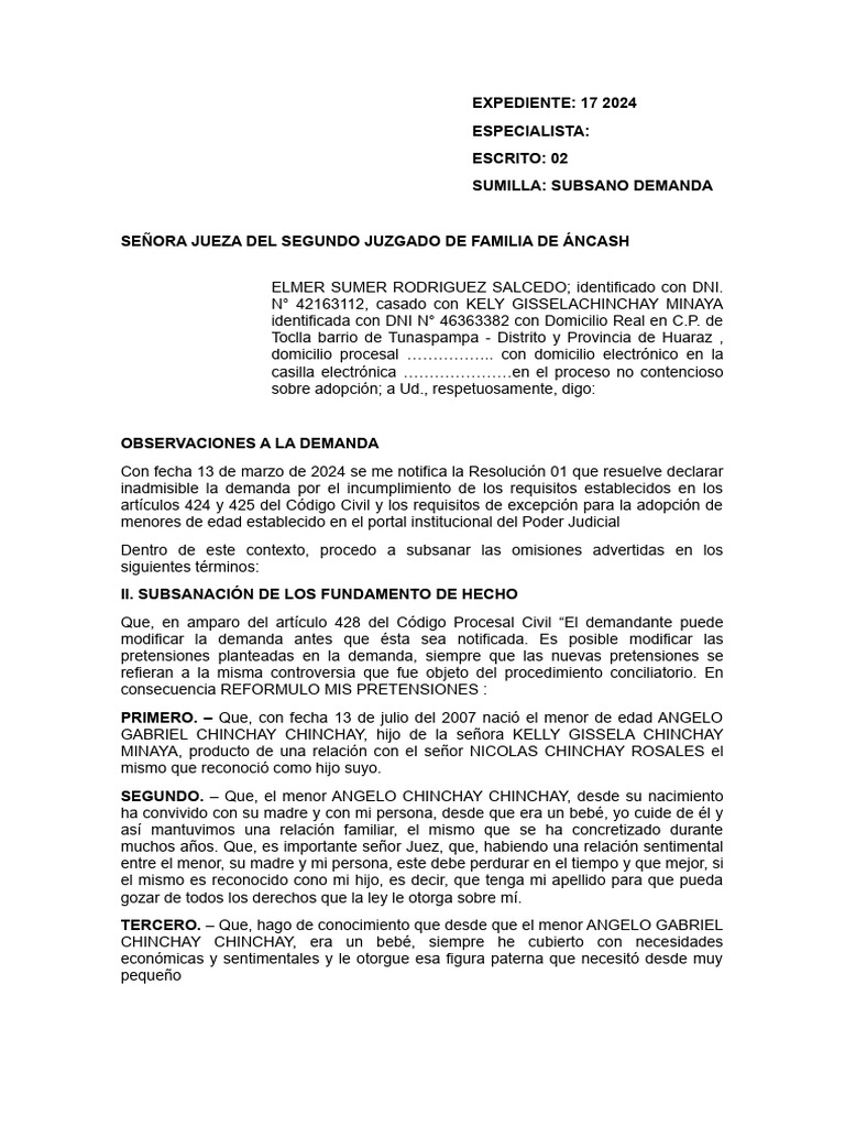 Subsanación De La Demanda Exp 17 2024 Adopción Pdf Demanda Judicial