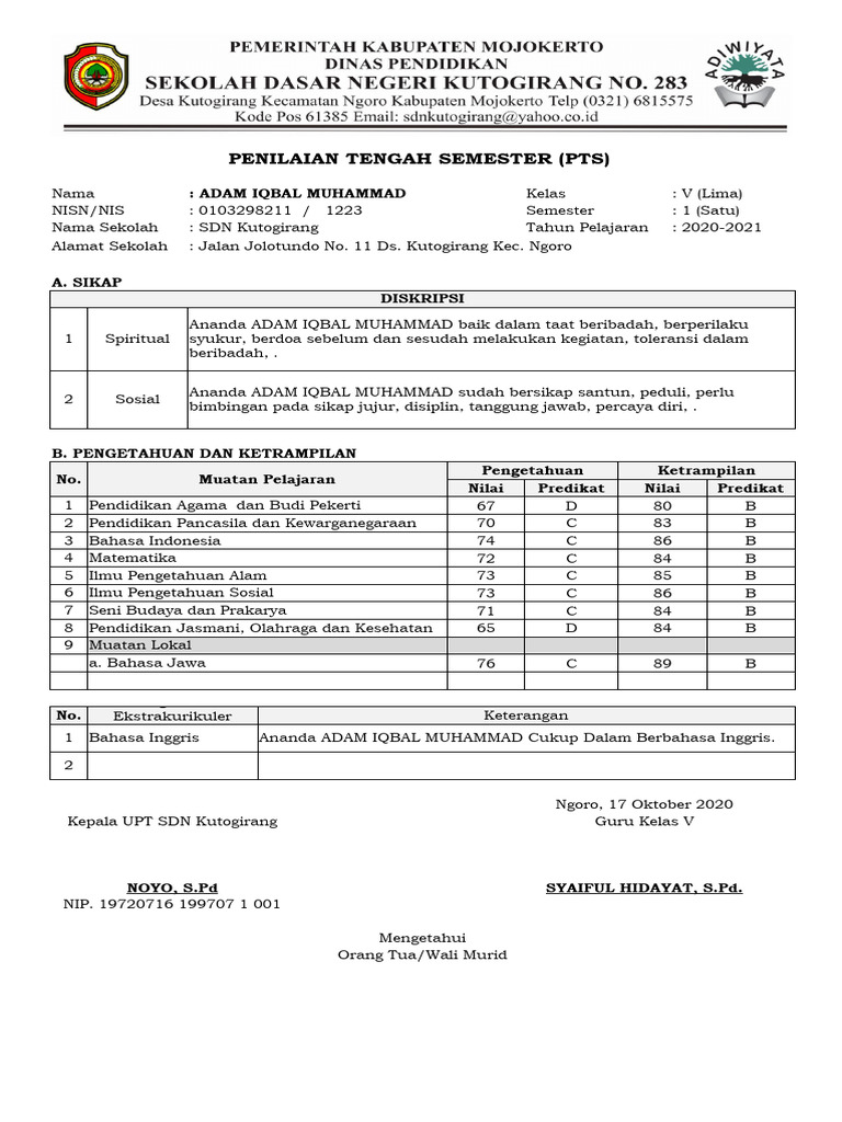 Kelas 5 K13 Rapot Sisipan | PDF