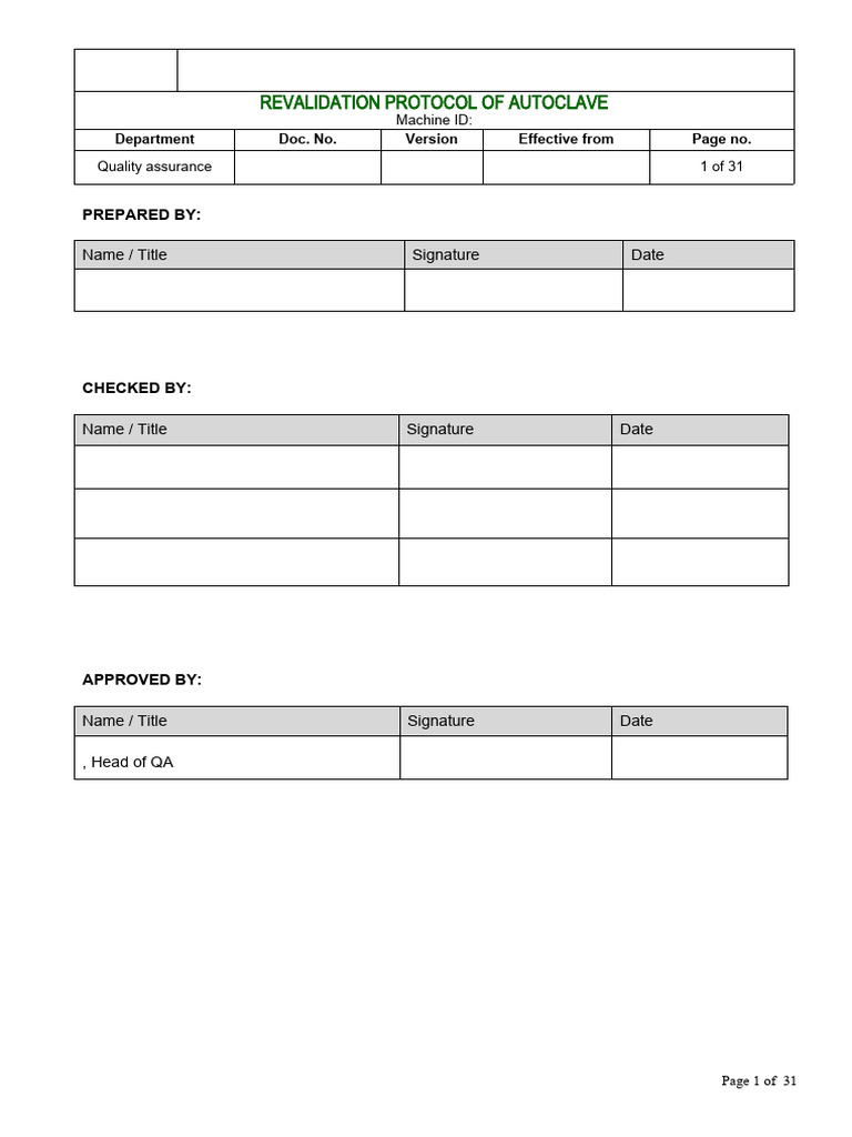 Qualification Protocol of Autoclave- Draft | PDF | Sterilization ...