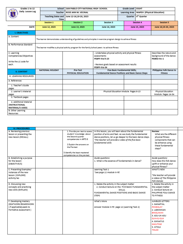 PE DLL 4th QTR Week 1 | PDF | Physical Education | Learning