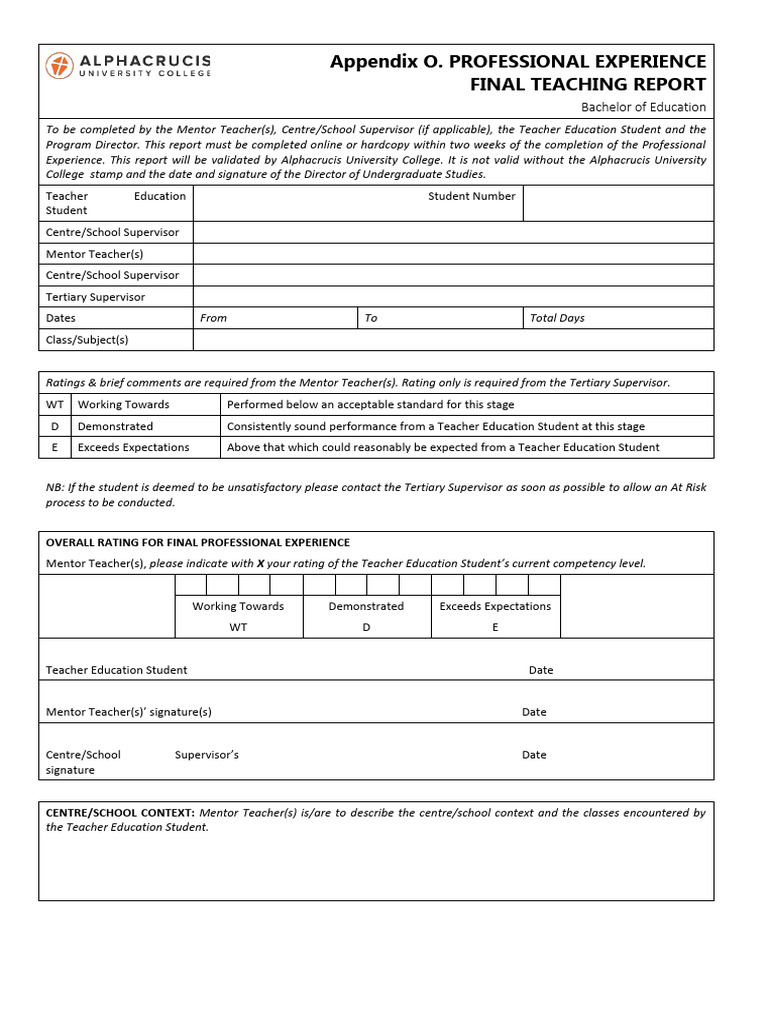 Appendix O. Professional Experience Final Teaching Report (BCH) | PDF ...