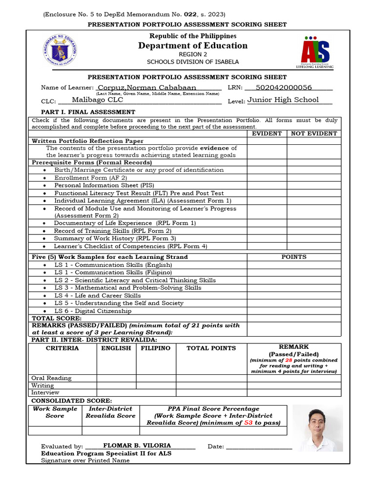 Corrected Enclosure No. 5 Presentation Portfolio Assessment Scoring ...