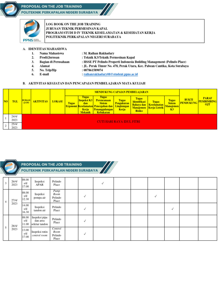 Log Book OJT Teknik K3 Pelindo Place | PDF