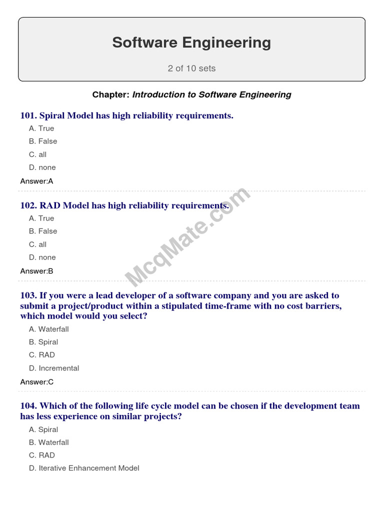 Software Engineering MCQs and Models | PDF | Conceptual Model | Class ...