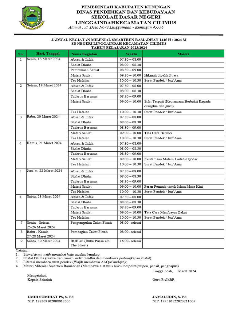 Jadwal Kegiatan Milenial Smartren Ramadhan 1445 H | PDF
