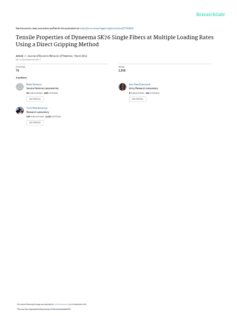 Tensile Properties of Dyneema SK76 Single Fibers A | PDF | Strength Of ...